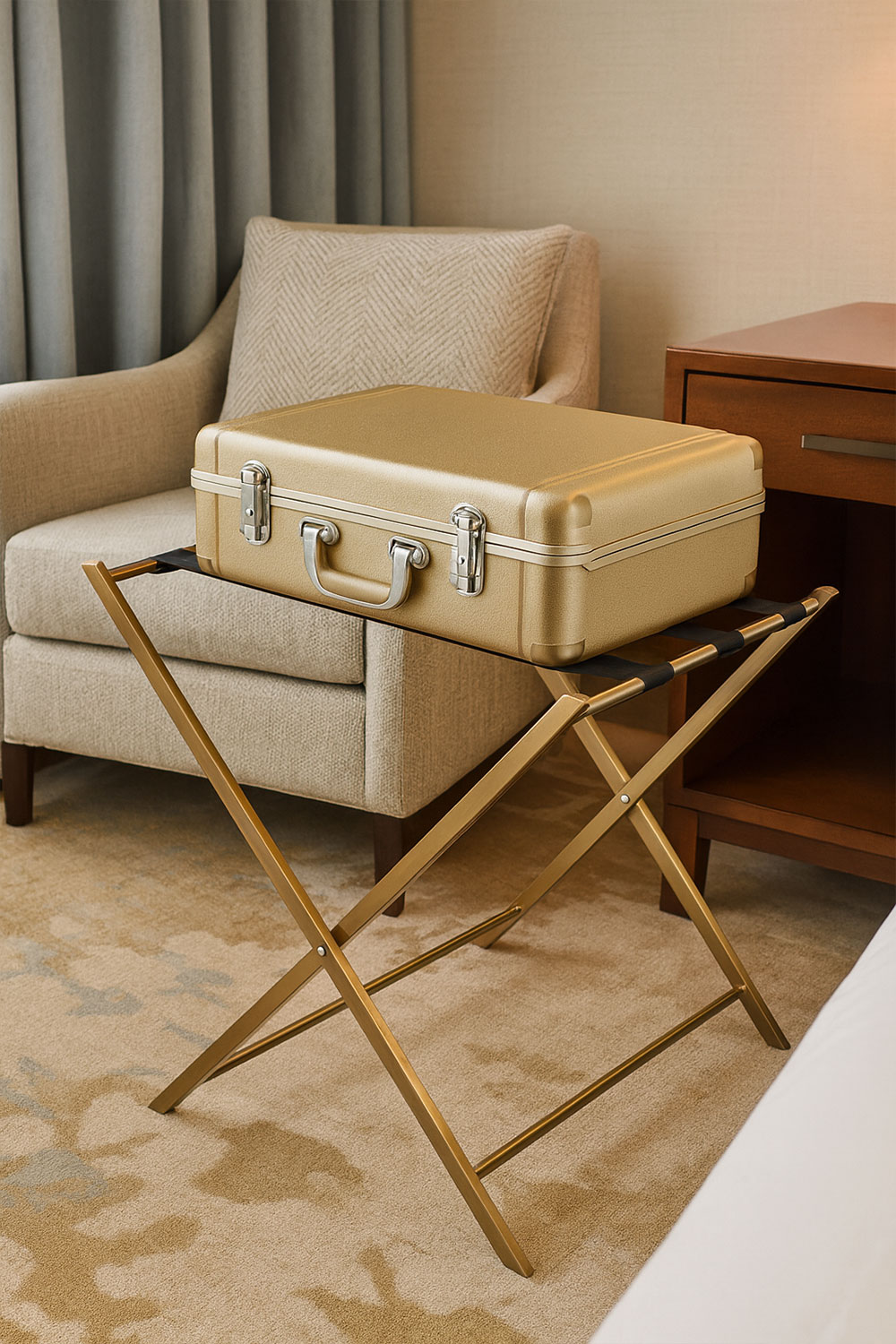 Light Gold Finished Metal Hotel Luggage Rack - Hospitality Needs